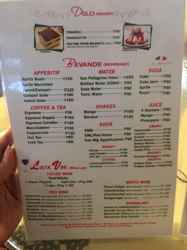 Menu at Al Bacio Italian Restaurant - Angeles City, Angeles