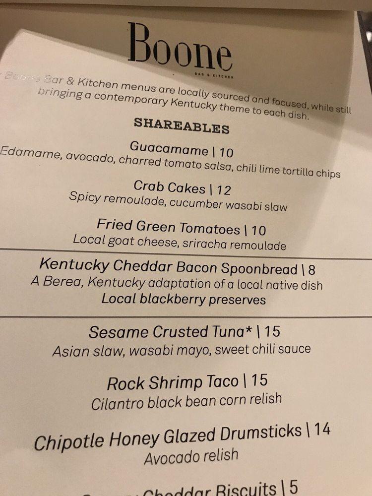 Menu at Boone Bar & Kitchen, Hebron
