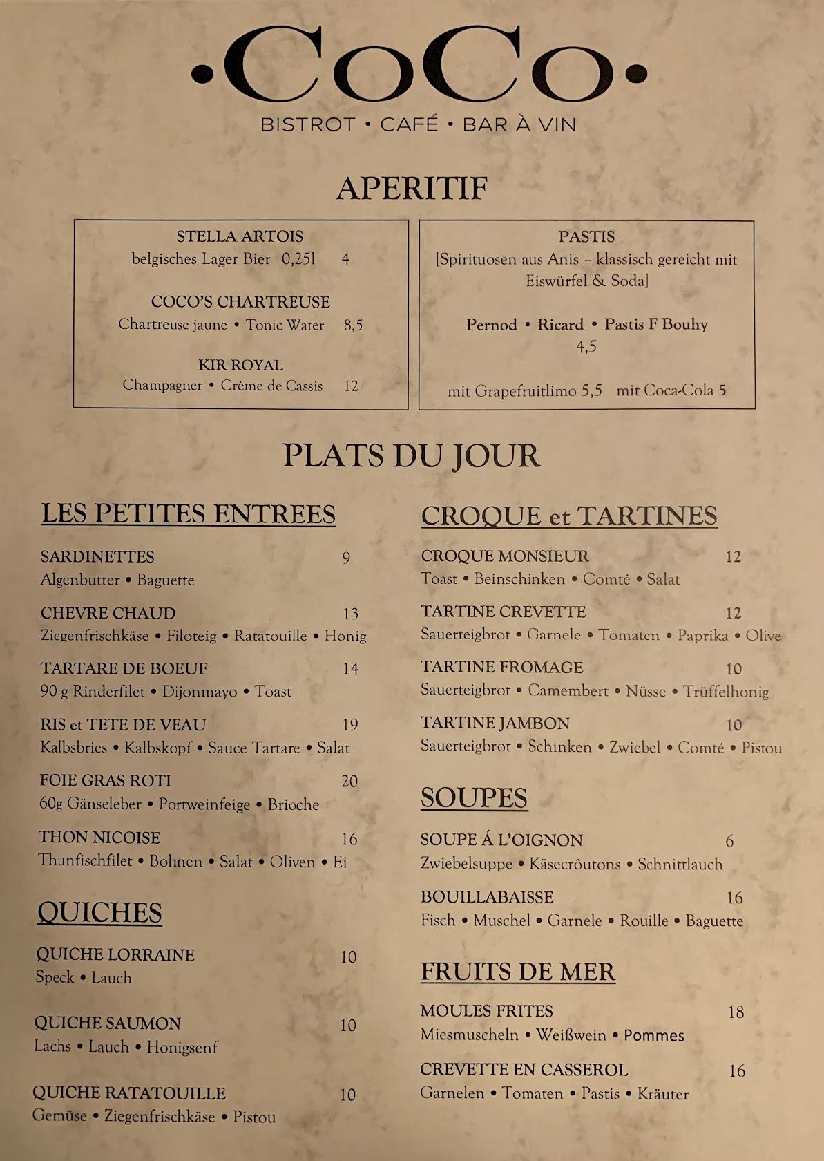 Menu at COCO Bistrot Cafe Bar a Vin, Linz