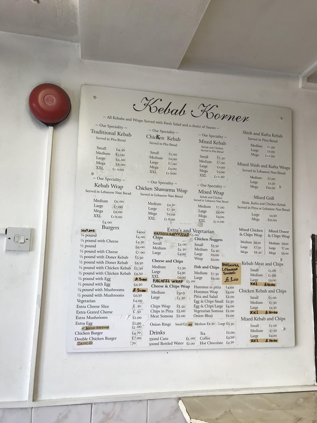 Menu at Kebab Corner fast food, Newbury
