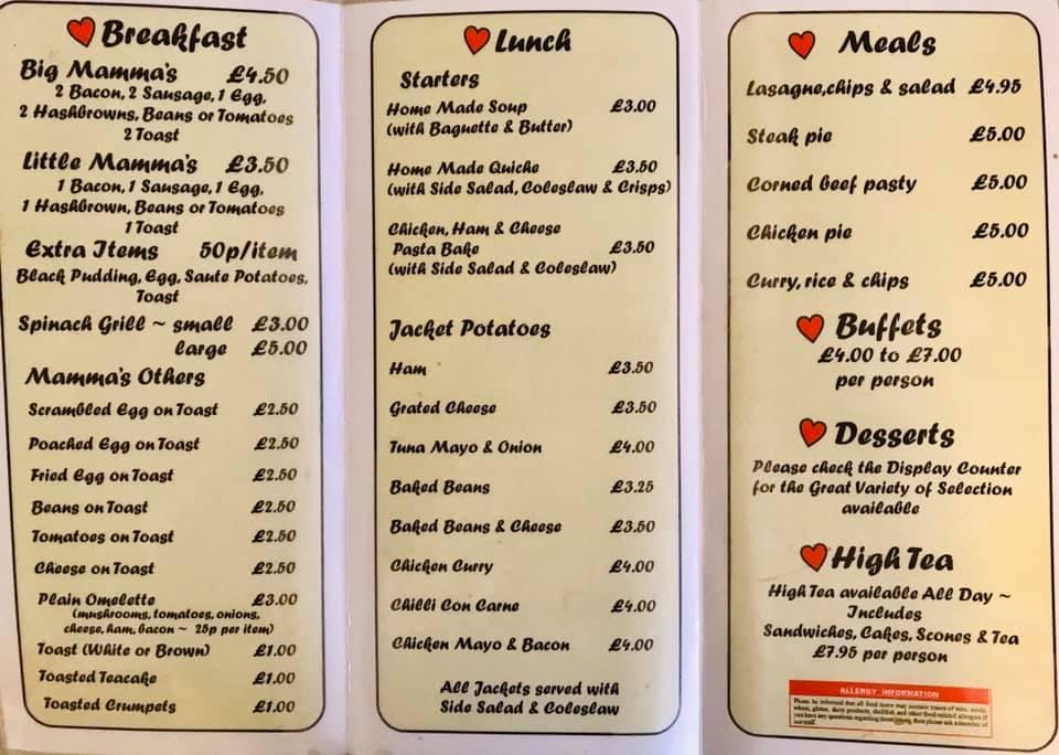 Menu at Mammas cwtch cafe, Port Talbot