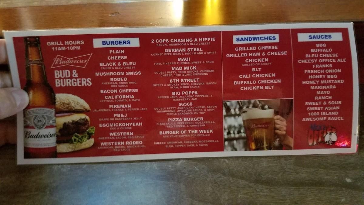 Menu at Mick's Office pub & bar, Moorhead