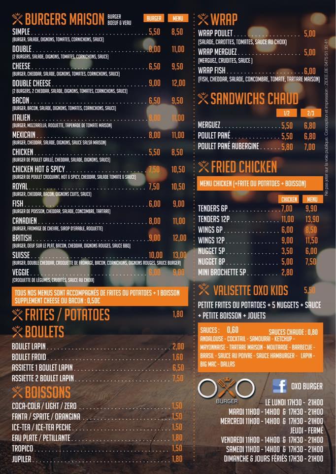 Menu au OXO Burger, Grâce-Hollogne