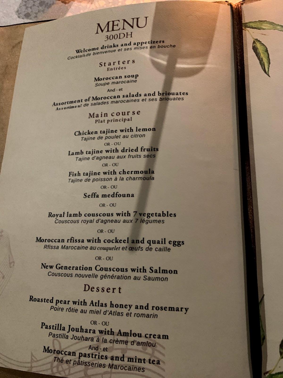 Menu at Restaurant Le Medina Privilege, Marrakesh