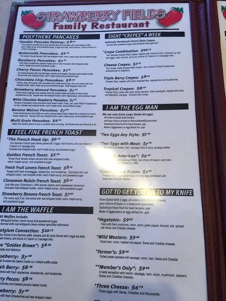 Menu at Strawberry Fields Restaurant, New Baltimore