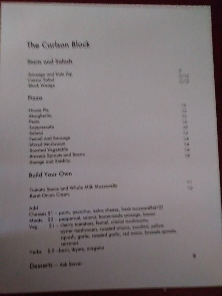Menu at The Carlson Block pizzeria, Wilkeson