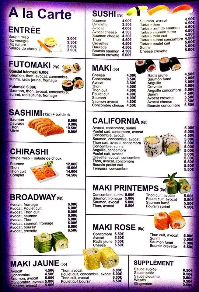 Menu au world sushi restaurant, Versailles, 60 rue d Anjou