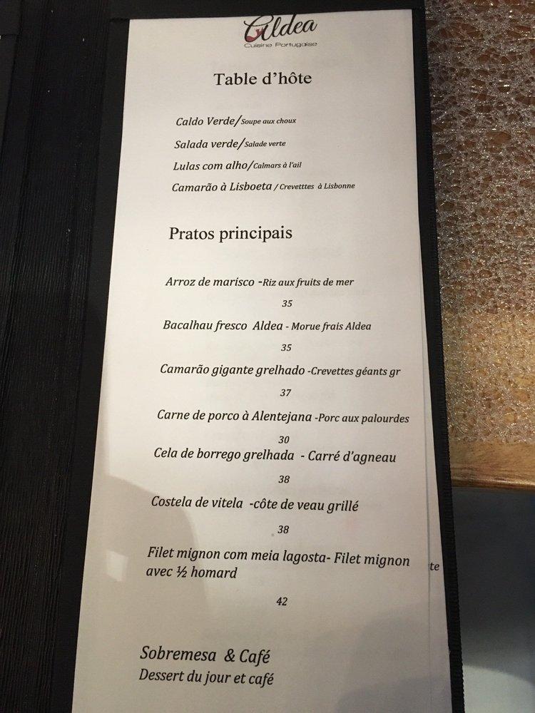 Menu at Aldea restaurant, Montréal