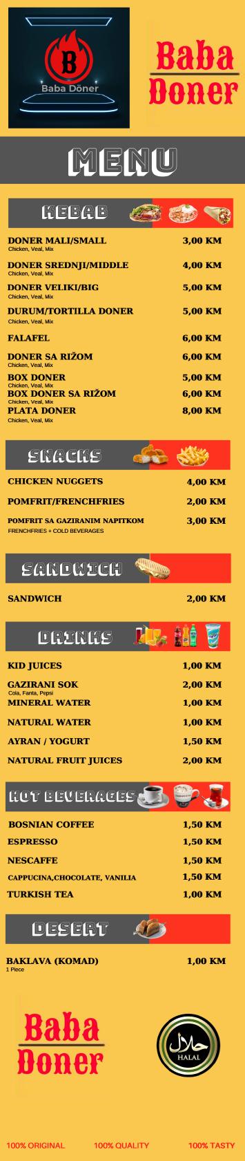 Menu at BABA DONER restaurant, Sarajevo