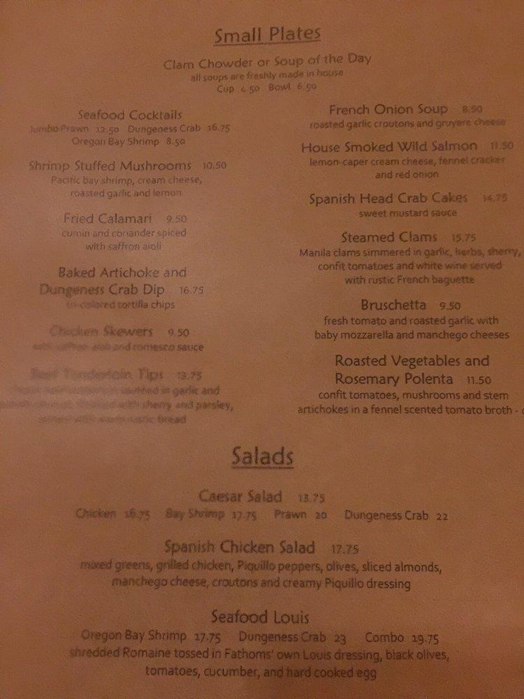 Menu at Fathom's Restaurant, Lincoln City, SE Hwy 101