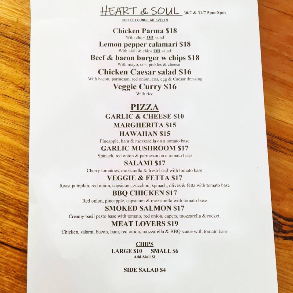 Menu at Heart & Soul Coffee Lounge restaurant, Mount Evelyn