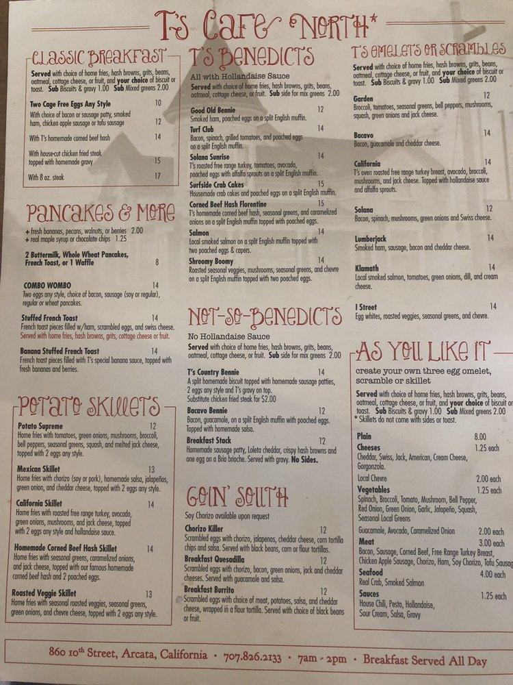 Menu at T's Cafe North, Arcata