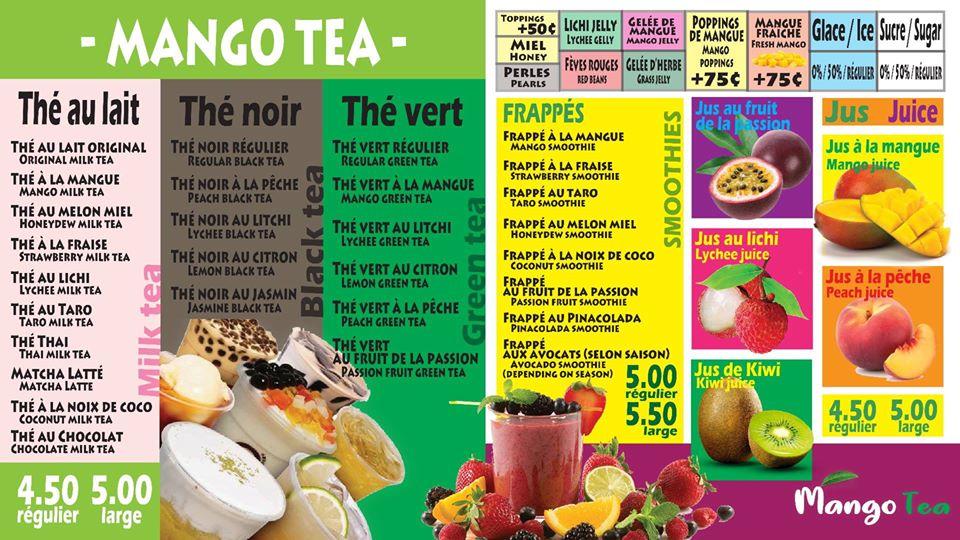 Menu at Mango Tea cafe, Montreal
