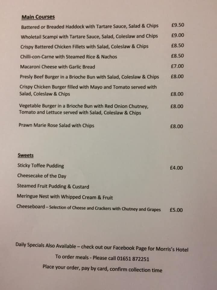Menu at Morris's Hotel & Restaurant, Oldmeldrum