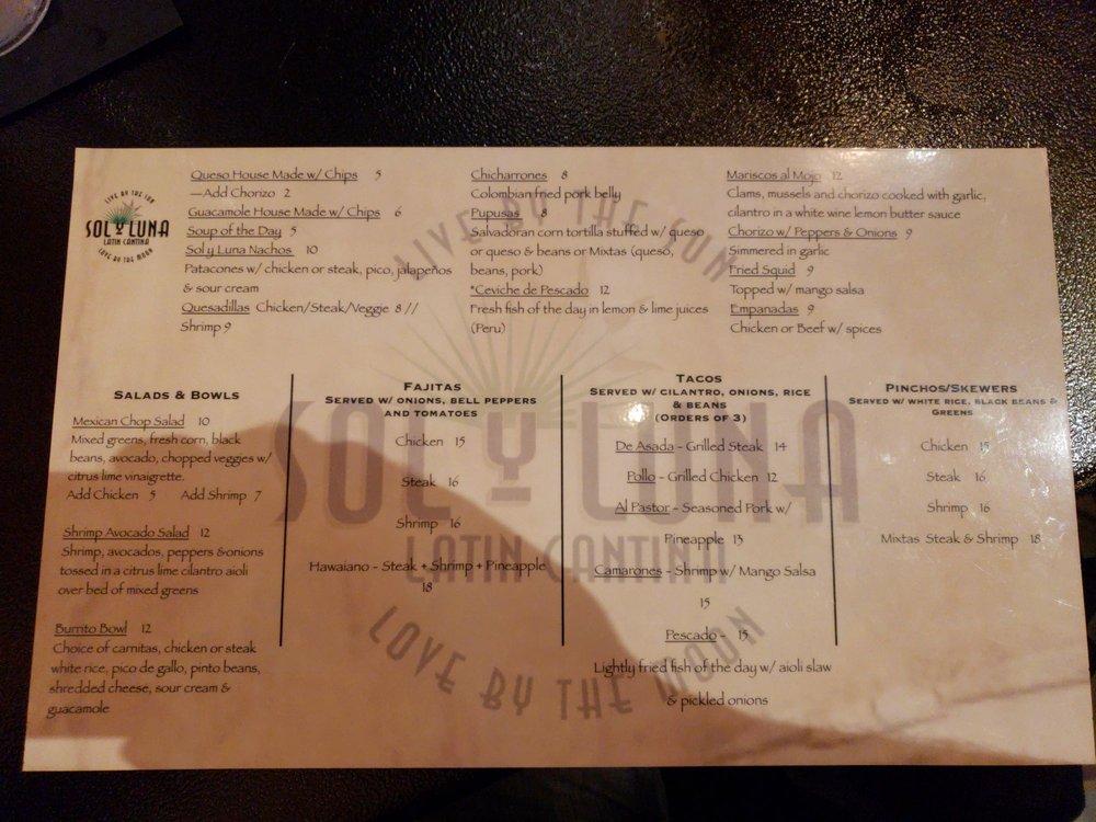 Menu at Sol y Luna pub & bar, Myrtle Beach
