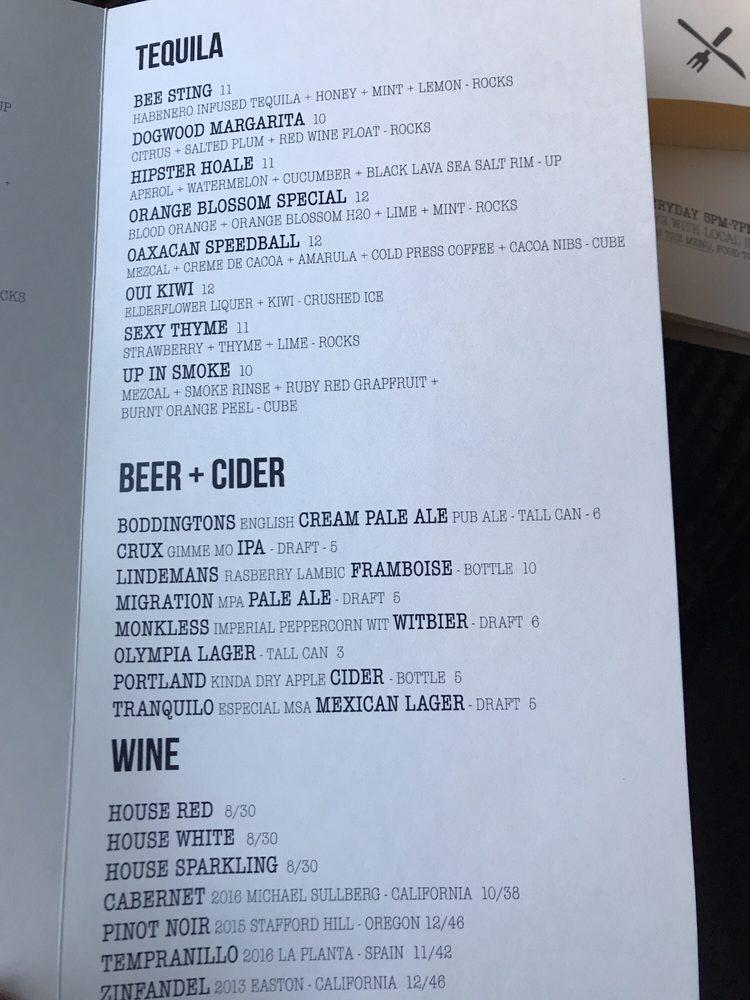Menu at The Dogwood Cocktail Cabin pub & bar, Bend