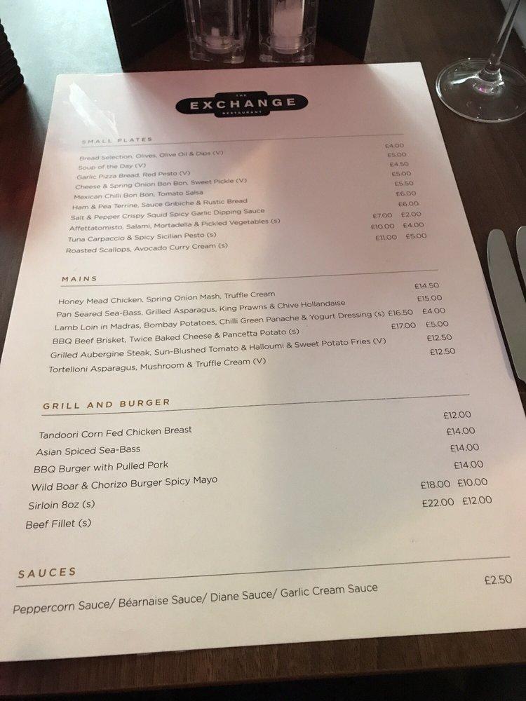 Menu at The Exchange Restaurant, Liverpool