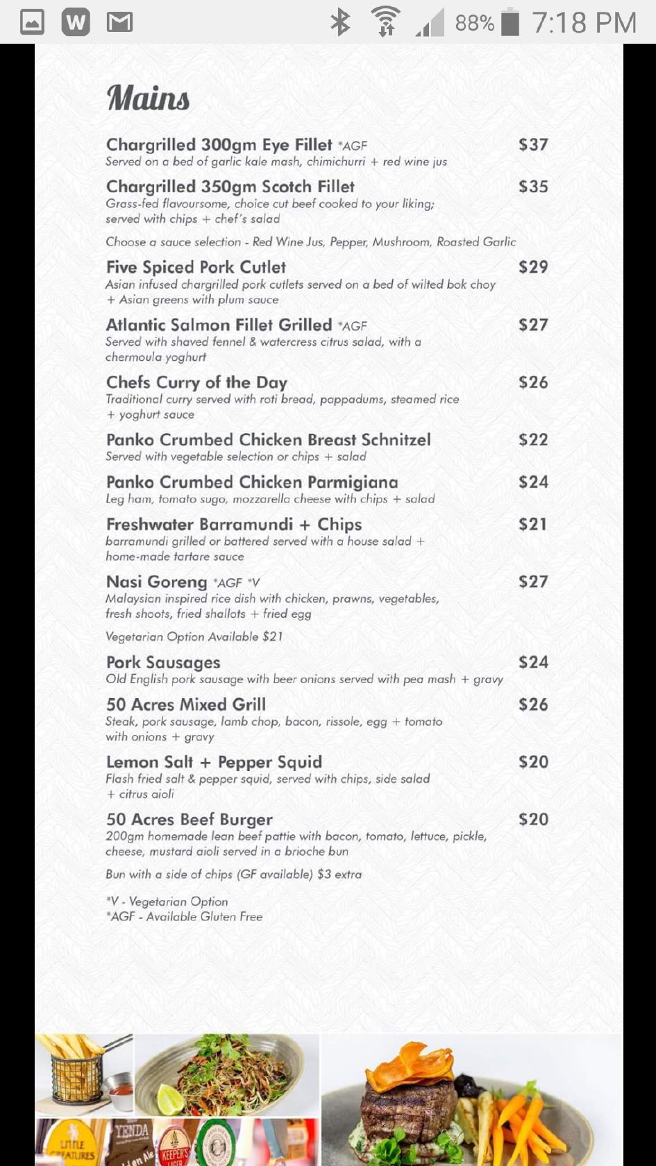 Menu at Cheltenham Moorabbin RSL club, Cheltenham