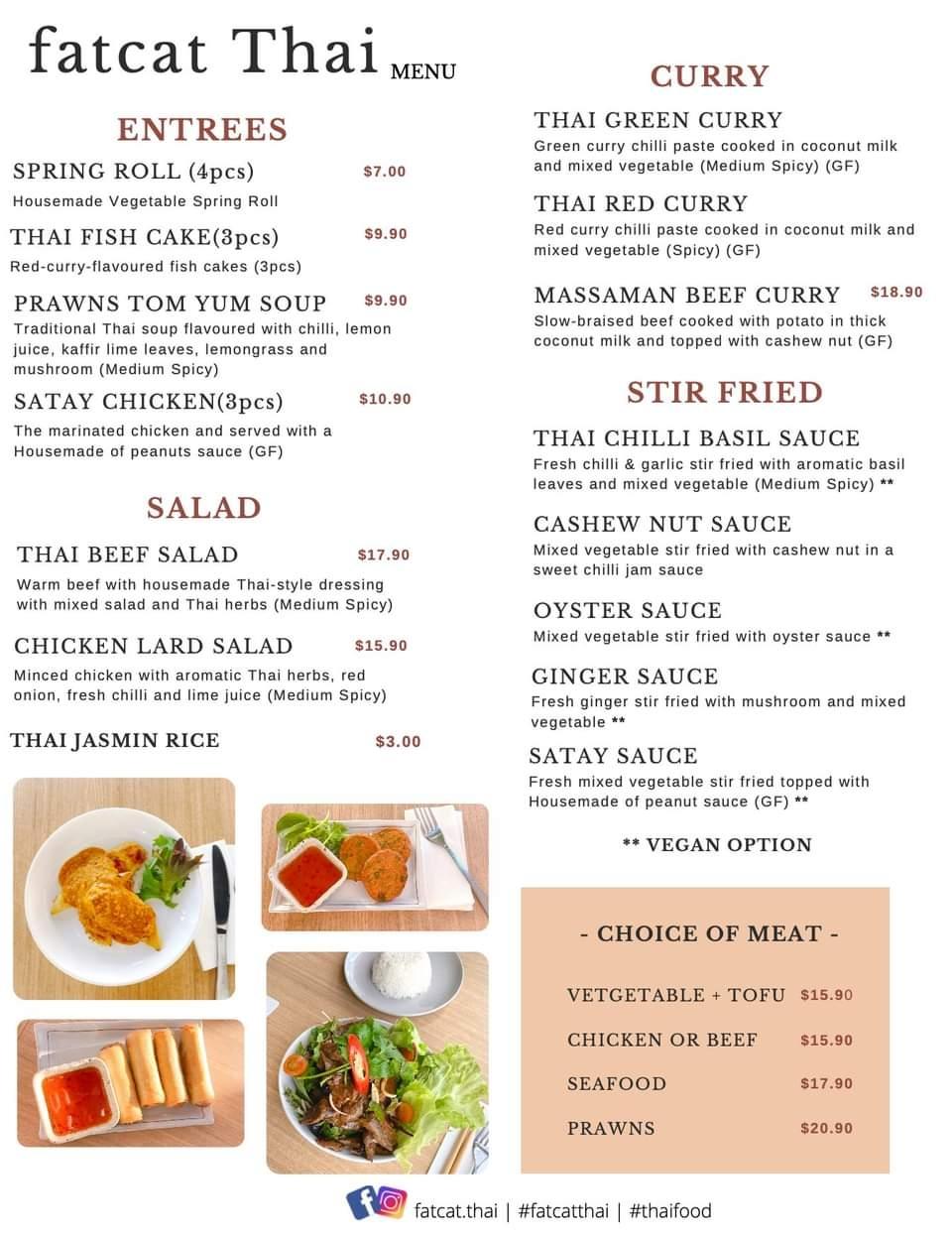 Menu at Fat Cat Thai restaurant, Old Reynella