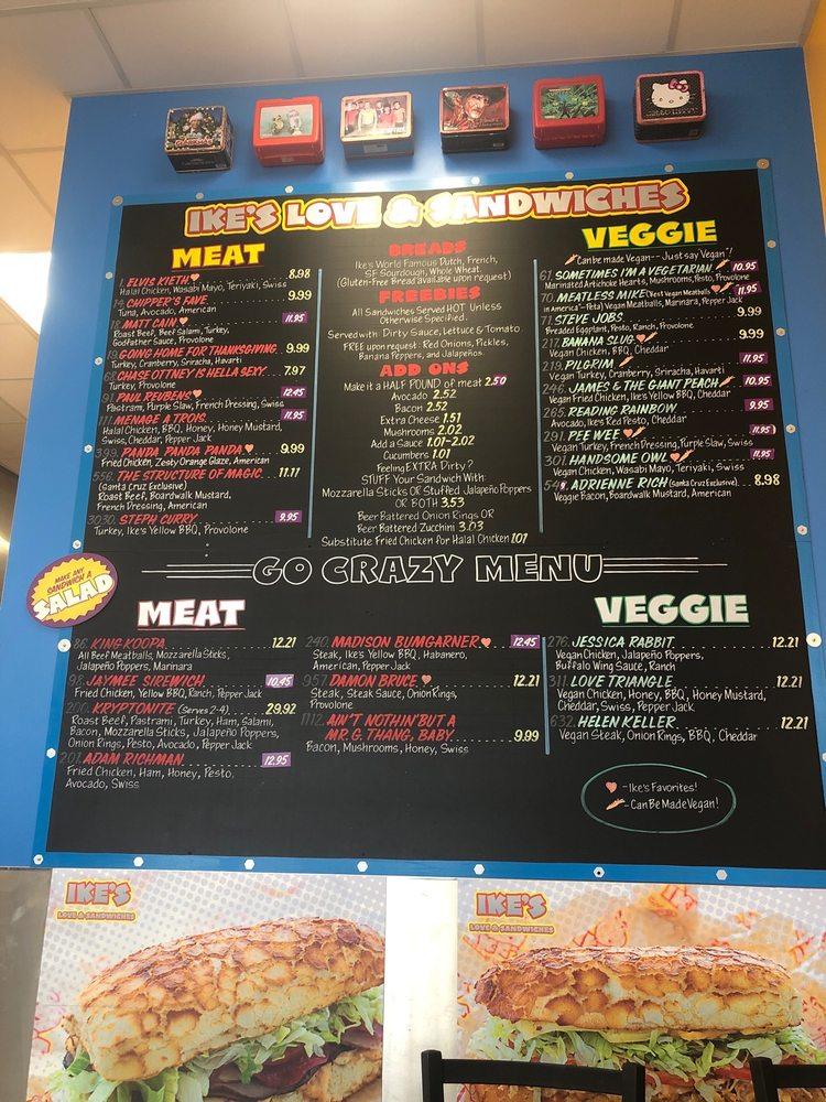 Menu at Ike's Love & Sandwiches restaurant, Santa Cruz