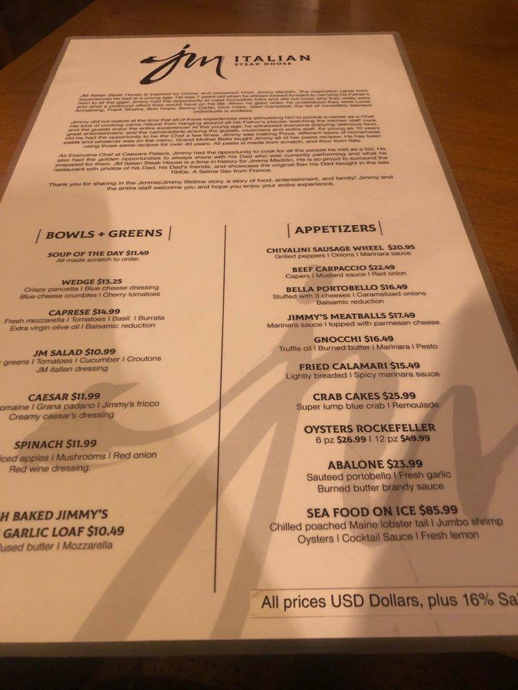 Menu at JM Steakhouse, Cabo San Lucas