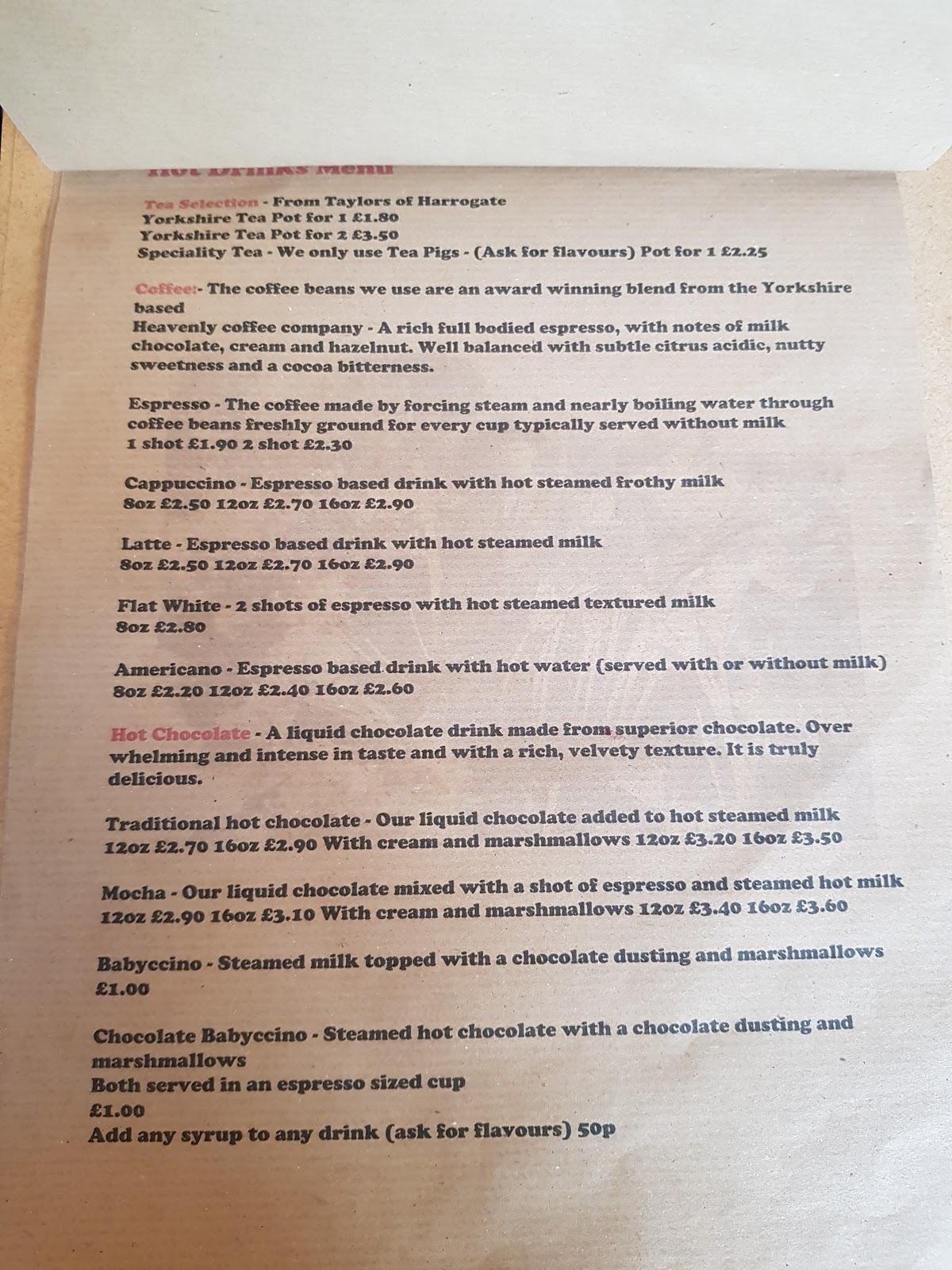 Menu at Rhubarb, Knottingley