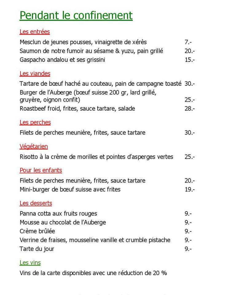 Menu da Auberge du Cheval Blanc, Meinier