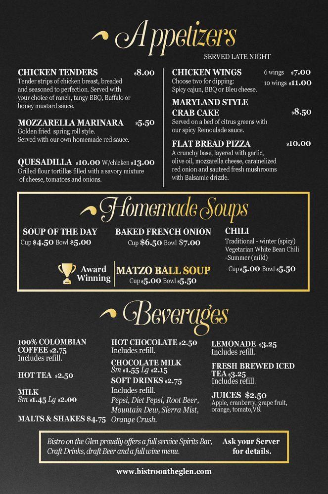 Menu at Bistro on the Glen cafe, Glendale