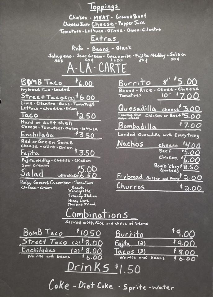 Menu at Bomb Taco restaurant, Kalispell