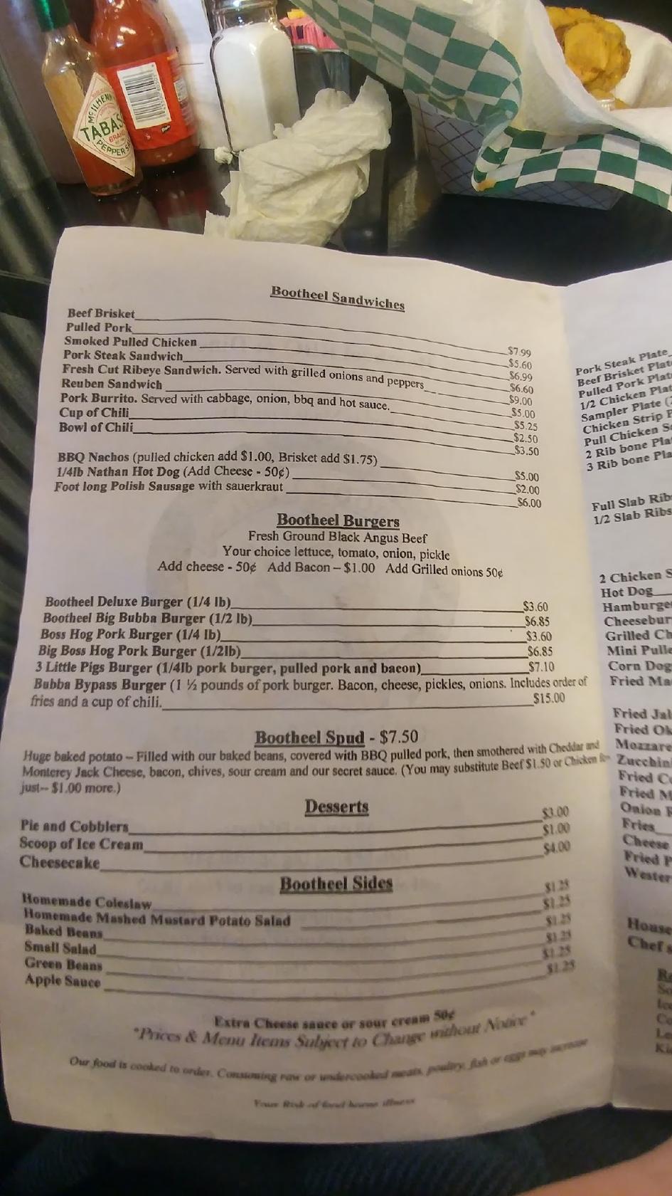 Menu at Bootheel BBQ and Diner, Saint Clair