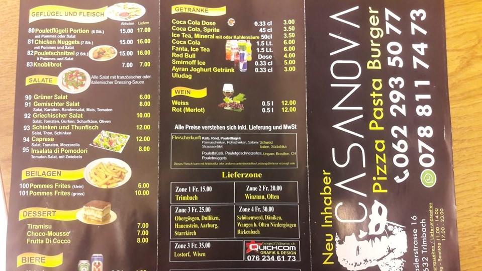 Speisekarte von CASANOVA Pizza Pasta Burger, Trimbach