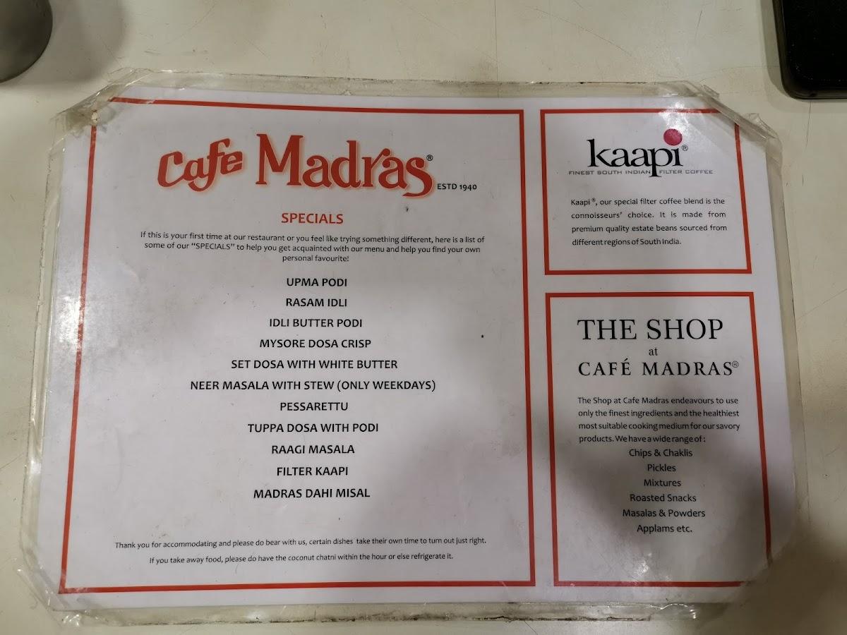 Menu at Cafe Madras, Mumbai, GROUND FLOOR KAMAKSHI BUILDING