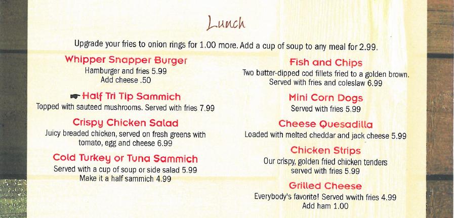 Menu at Hillbillies Restaurant, Murphys