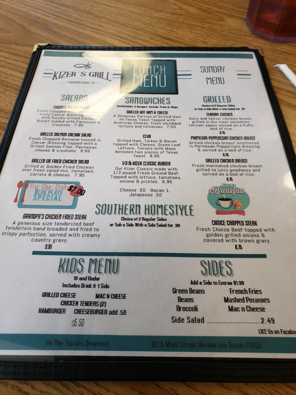 Menu at Kizer's Grill restaurant, Tyler, County Rd 165
