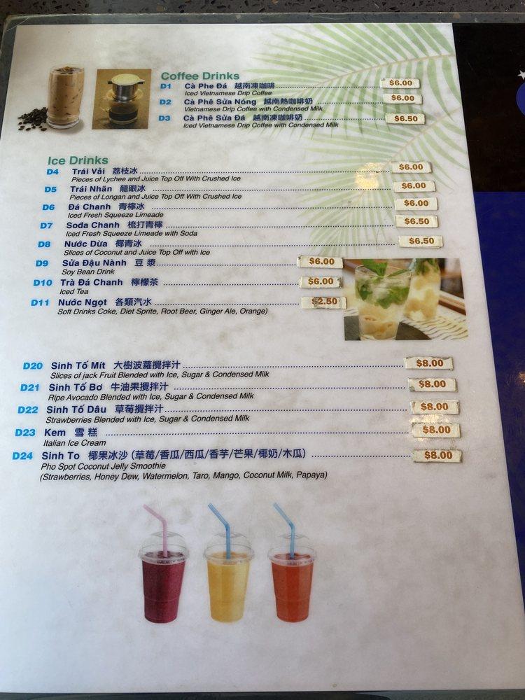 Menu at Pho Spot restaurant, North Vancouver, Lonsdale Ave