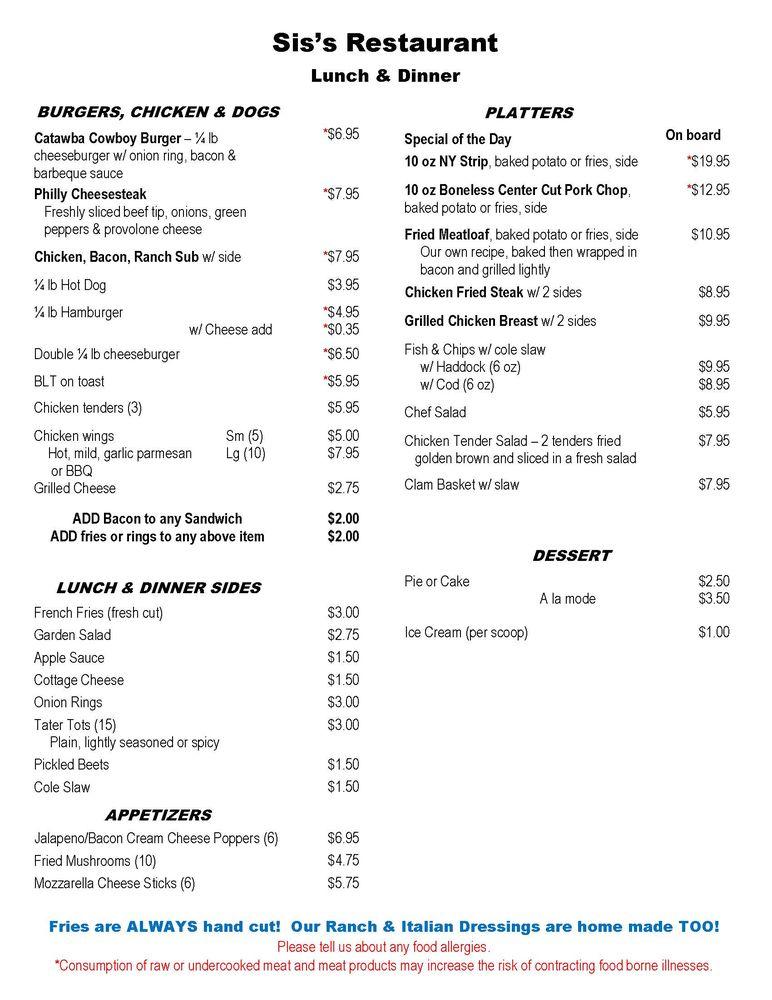 Menu at Sis's Restaurant, Catawba