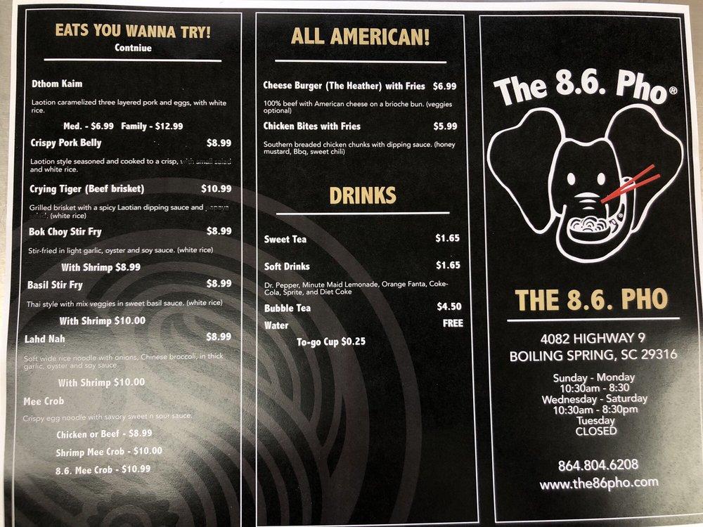 Menu at The 8.6.Pho restaurant, Boiling Springs