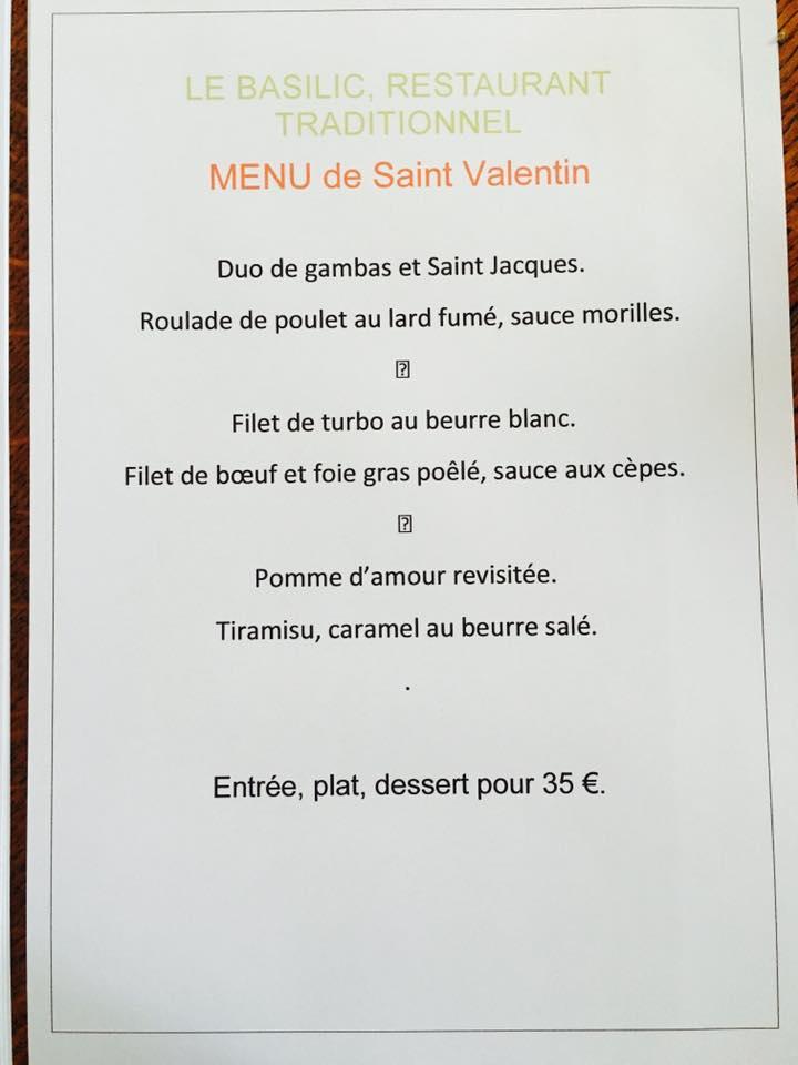 Menu au le basilic restaurant, Caudry