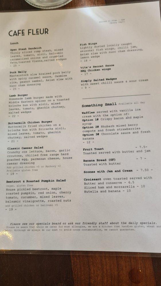 Menu at Cafe Fleur, Geraldton