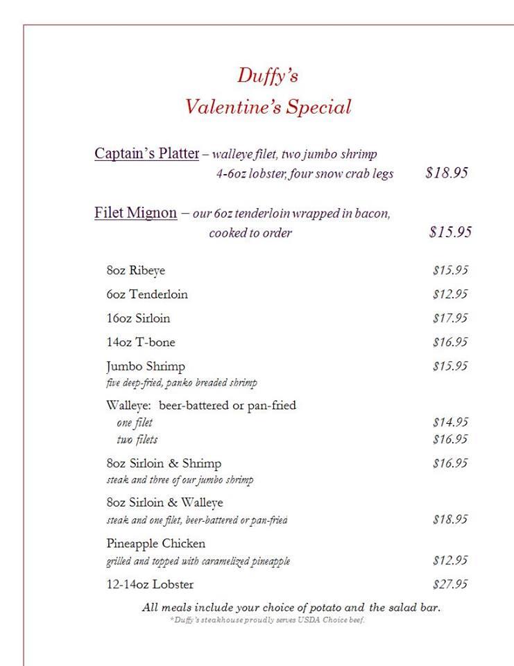 Menu at Duffy's Bar, Hoople