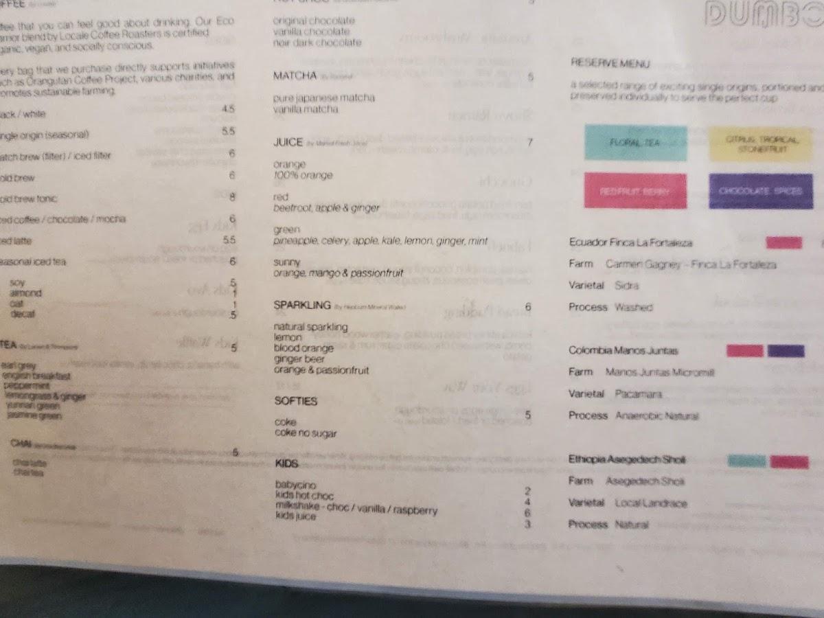 Carta del café Dumbo, West Footscray