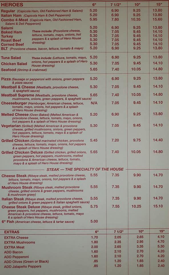 Menu at Hero House restaurant, Wooster