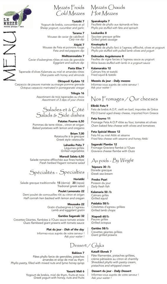 Menu au Le Mezzé restaurant, Québec, 95 Ch Ste-Foy