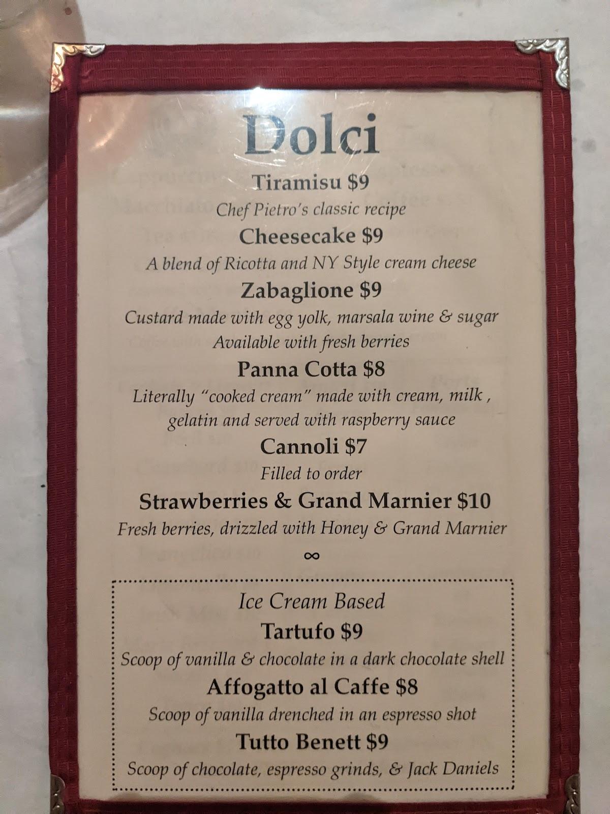 Menu at Monte's Trattoria restaurant, New York City
