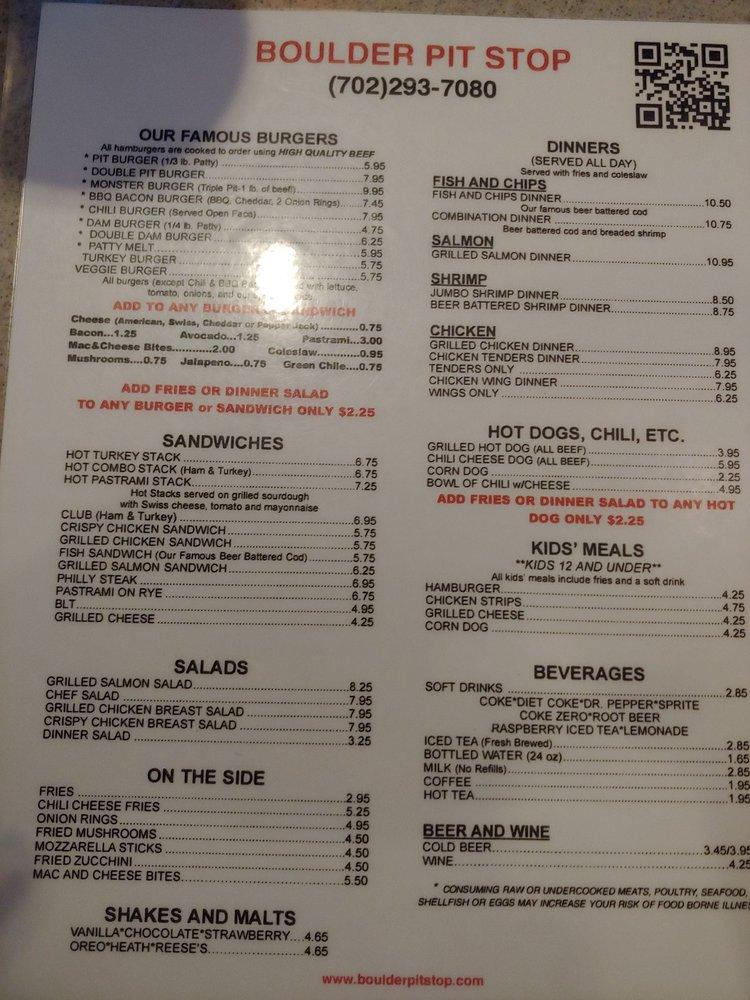 Menu at Pit Stop restaurant, Boulder City