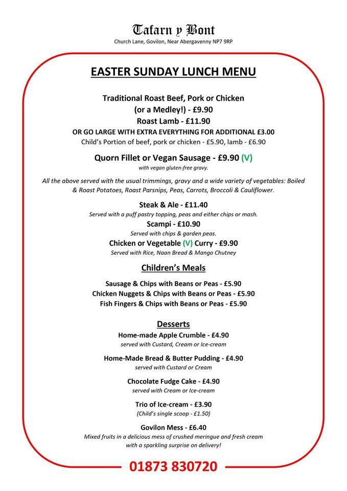 Menu at Tafarn y Bont pub & bar, Govilon