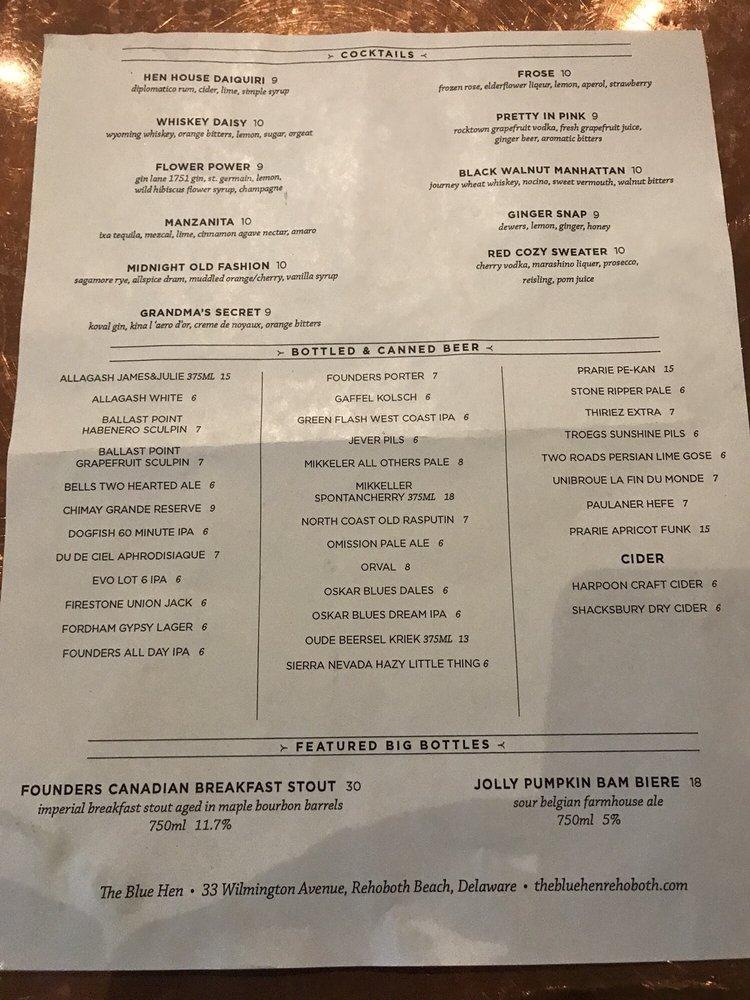 Menu at The Blue Hen pub & bar, Rehoboth Beach