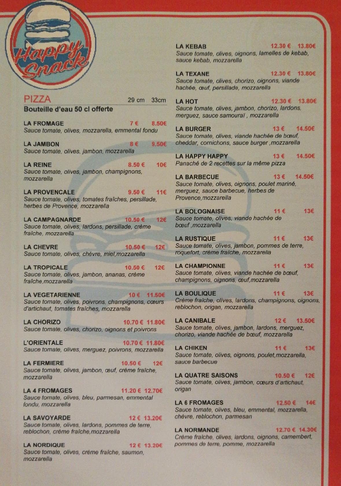 Menu at happy snack restaurant, Saint-Lô