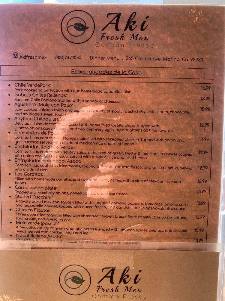 Menu at Aki Fresh Mex restaurant, Marina