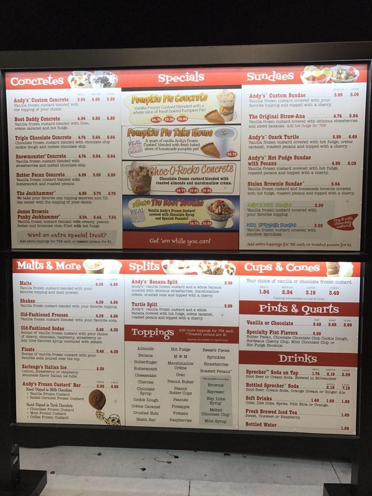 Menu at Andy's Frozen Custard fast food, Blue Springs, NW Hwy 7